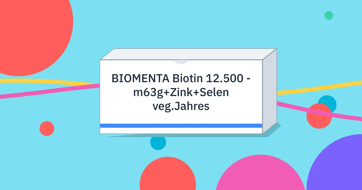 Symbolbild: Packung mit der Aufschrift BIOMENTA Biotin 12.500 -m63g+Zink+Selen veg.Jahres (PZN 13887683) – Verfügbarkeit und Bezug in Apotheken in Frankfurt am Main