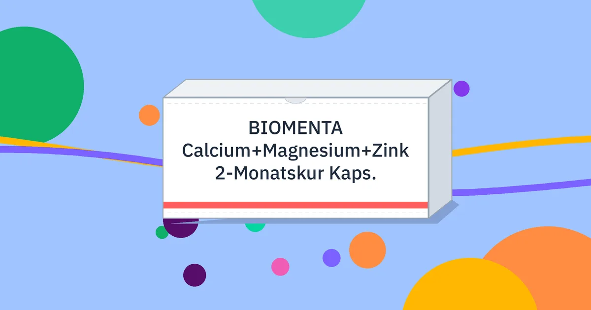 Symbolbild: Packung mit der Aufschrift BIOMENTA Calcium+Magnesium+Zink 2-Monatskur Kaps. (PZN 11867943) – Verfügbarkeit und Bezug in Apotheken in Frankfurt am Main