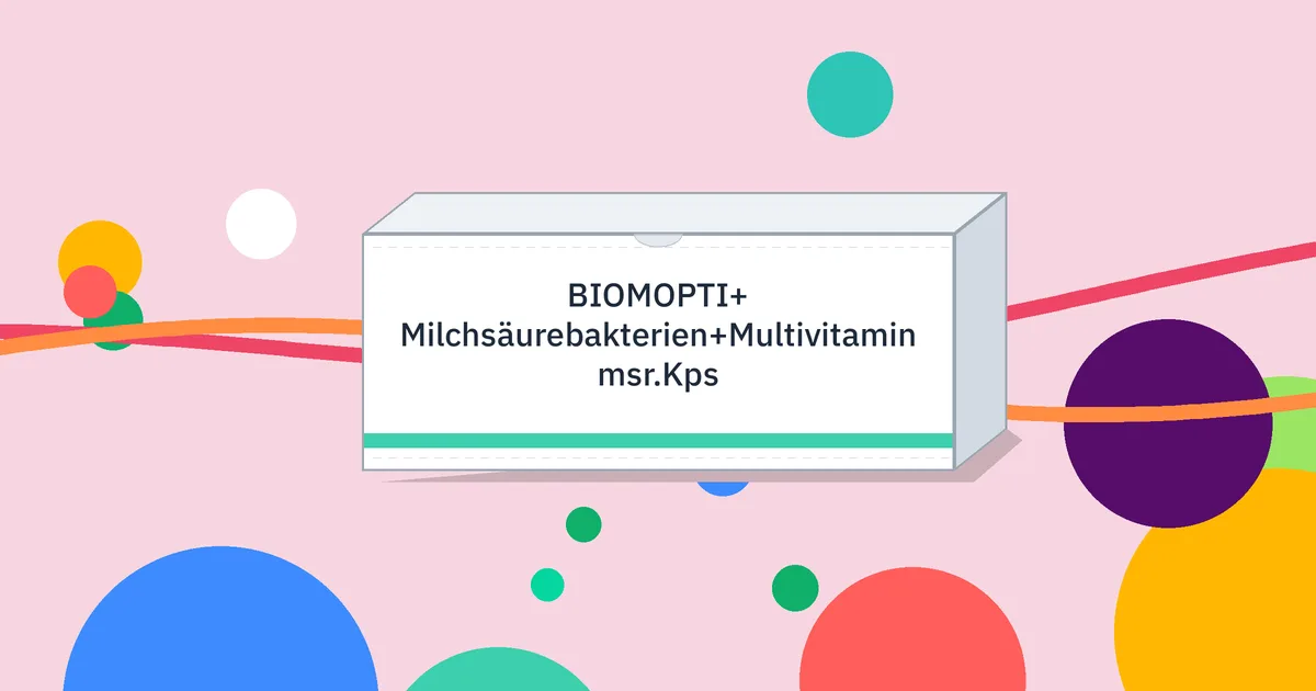 Symbolbild: Packung mit der Aufschrift BIOMOPTI+ Milchsäurebakterien+Multivitamin msr.Kps (PZN 19140459) – Verfügbarkeit und Bezug in Apotheken in Frankfurt am Main