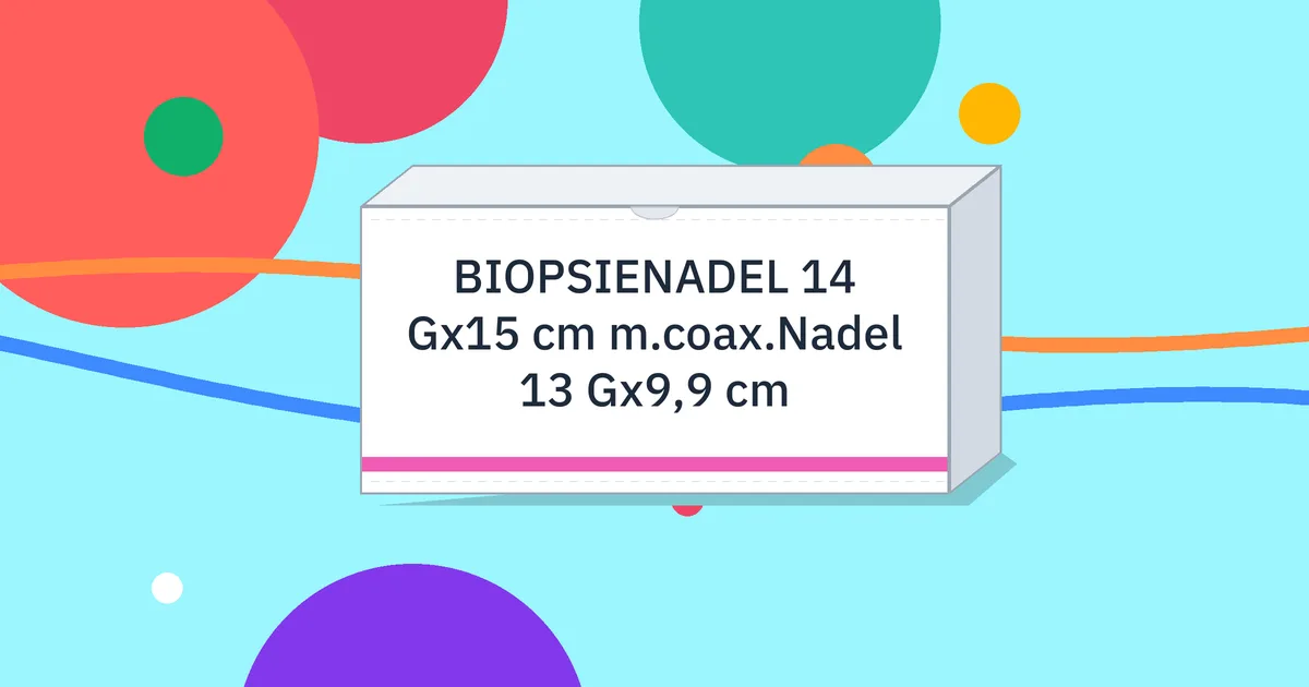 Symbolbild: Packung mit der Aufschrift BIOPSIENADEL 14 Gx15 cm m.coax.Nadel 13 Gx9,9 cm (PZN 12570820) – Verfügbarkeit und Bezug in Apotheken in Frankfurt am Main