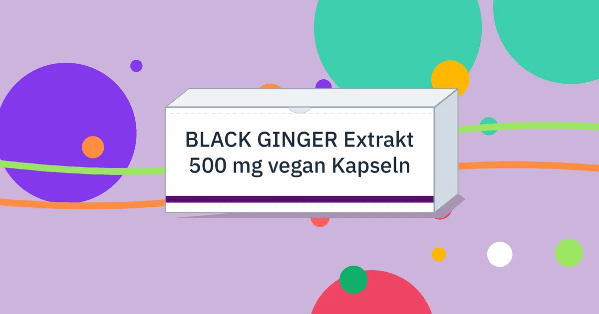 Symbolbild: Packung mit der Aufschrift BLACK GINGER Extrakt 500 mg vegan Kapseln (PZN 18107632) – Verfügbarkeit und Bezug in Apotheken in Frankfurt am Main