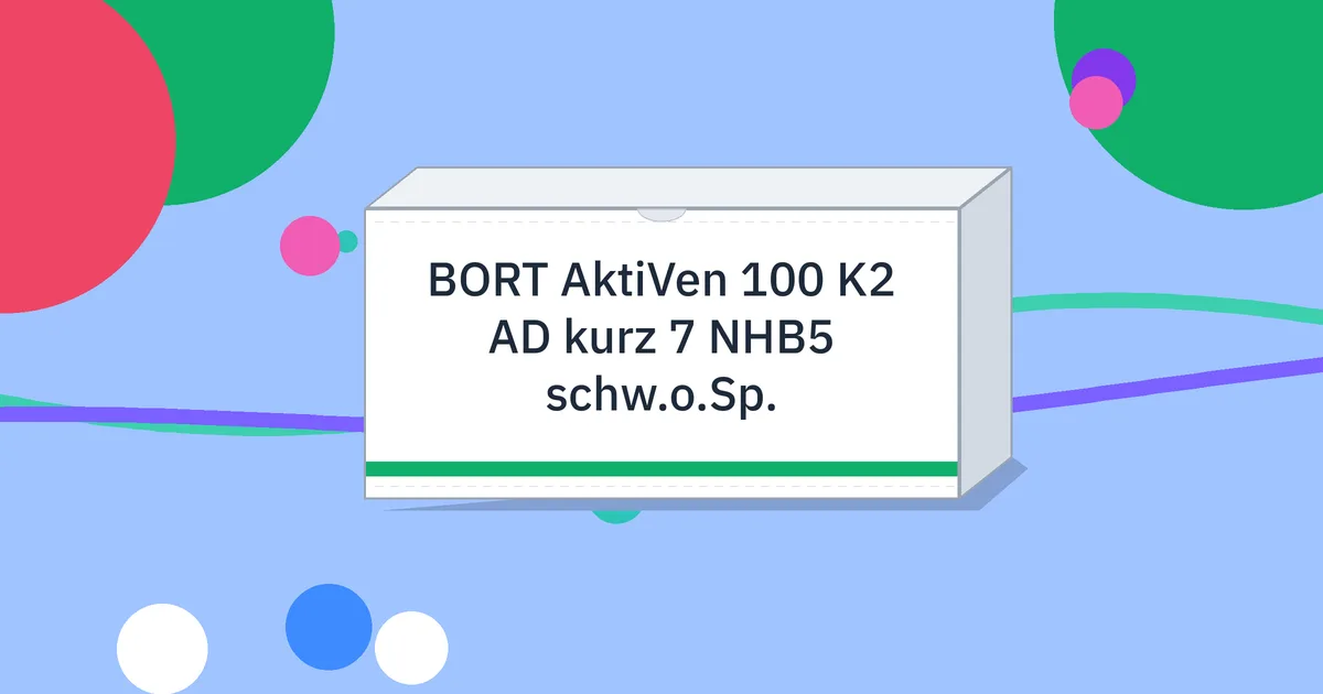 Symbolbild: Packung mit der Aufschrift BORT AktiVen 100 K2 AD kurz 7 NHB5 schw.o.Sp. (PZN 17496991) – Verfügbarkeit und Bezug in Apotheken in Frankfurt am Main