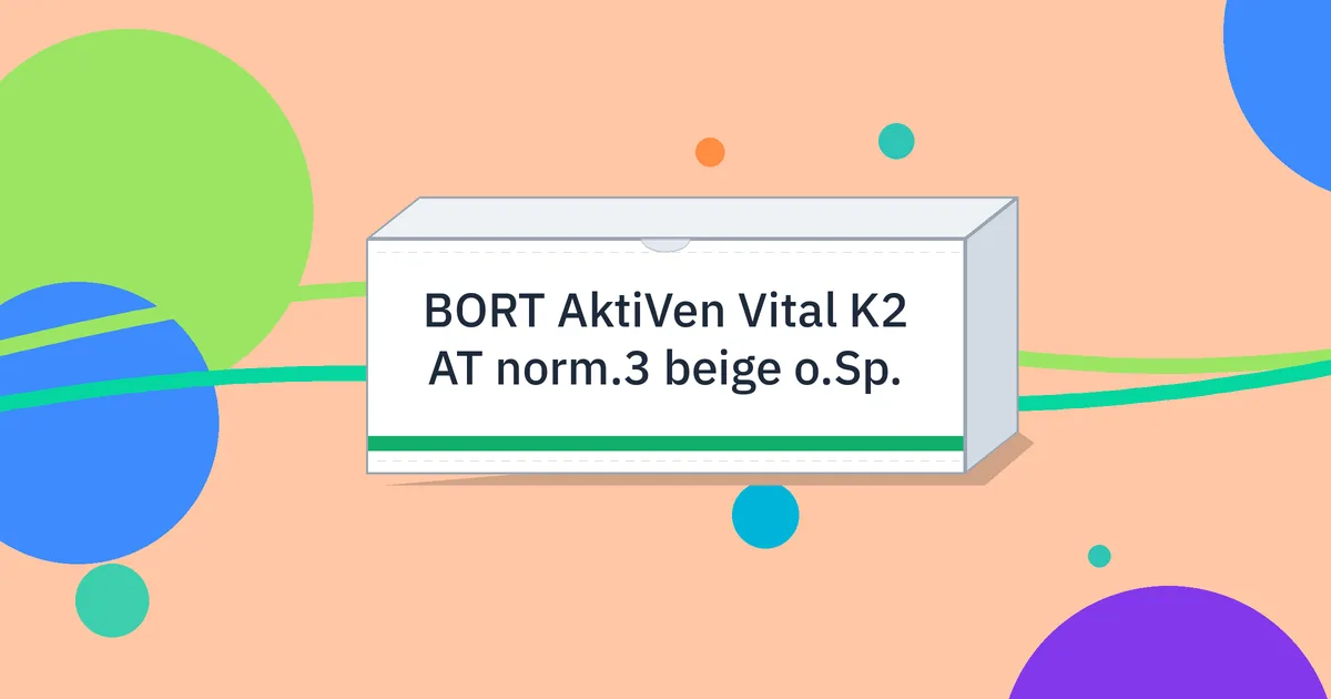 Symbolbild: Packung mit der Aufschrift BORT AktiVen Vital K2 AT norm.3 beige o.Sp. (PZN 13738948) – Verfügbarkeit und Bezug in Apotheken in Frankfurt am Main