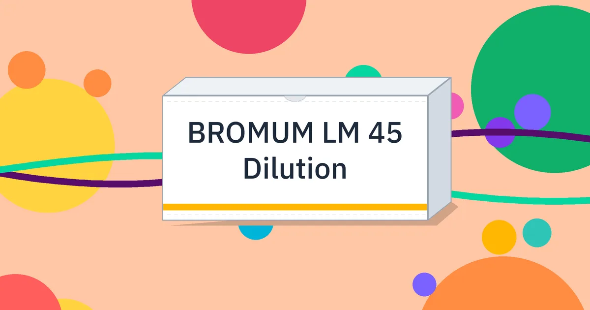 Symbolbild: Packung mit der Aufschrift BROMUM LM 45 Dilution (PZN 12796783) – Verfügbarkeit und Bezug in Apotheken in Frankfurt am Main