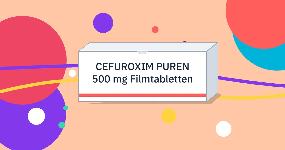 Symbolbild: Packung mit der Aufschrift CEFUROXIM PUREN 500 mg Filmtabletten (PZN 12584868) – Verfügbarkeit und Bezug in Apotheken in Frankfurt am Main