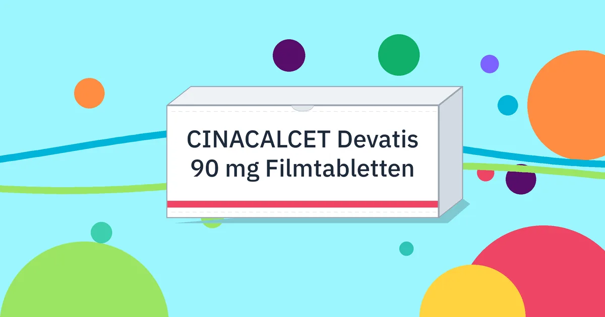 Symbolbild: Packung mit der Aufschrift CINACALCET Devatis 90 mg Filmtabletten (PZN 15572067) – Verfügbarkeit und Bezug in Apotheken in Frankfurt am Main