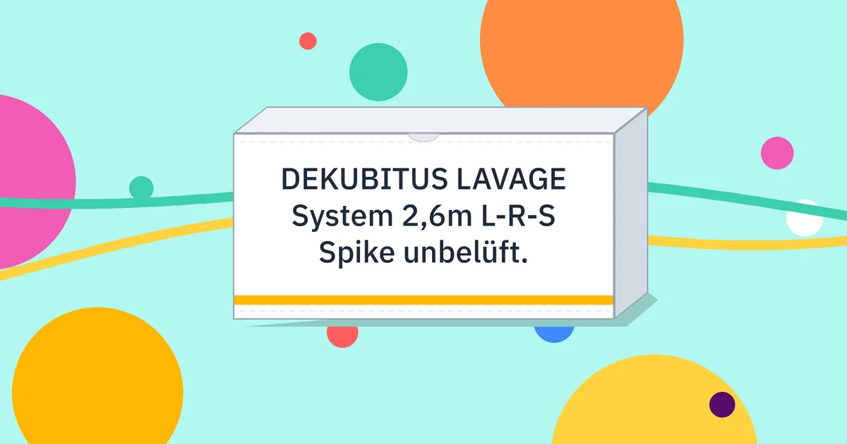 Symbolbild: Packung mit der Aufschrift DEKUBITUS LAVAGE System 2,6m L-R-S Spike unbelüft. (PZN 17489169) – Verfügbarkeit und Bezug in Apotheken in Frankfurt am Main