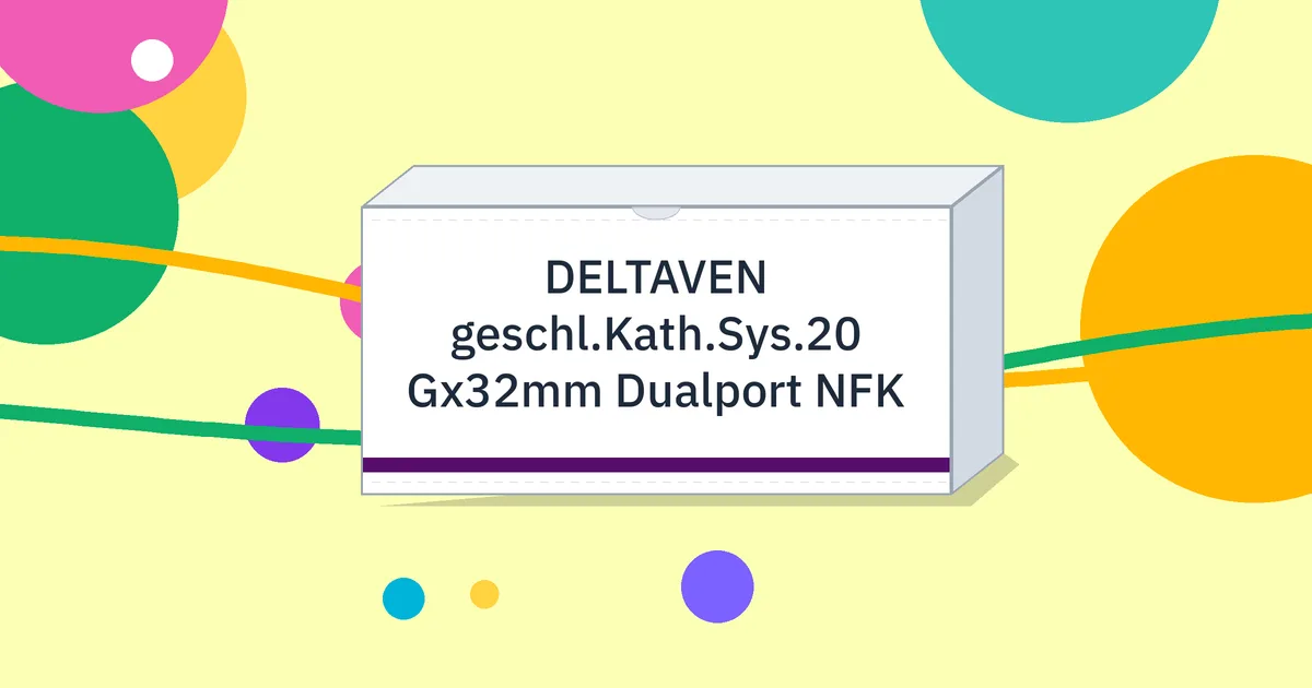 Symbolbild: Packung mit der Aufschrift DELTAVEN geschl.Kath.Sys.20 Gx32mm Dualport NFK (PZN 13977736) – Verfügbarkeit und Bezug in Apotheken in Frankfurt am Main