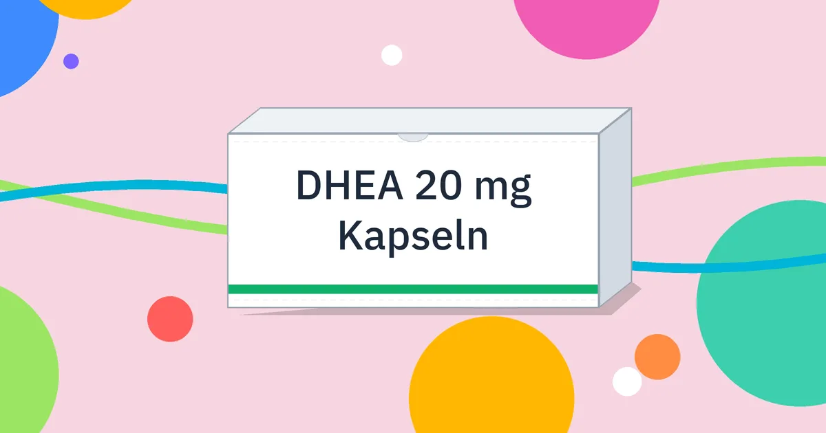 Symbolbild: Packung mit der Aufschrift DHEA 20 mg Kapseln (PZN 18399037) – Verfügbarkeit und Bezug in Apotheken in Frankfurt am Main