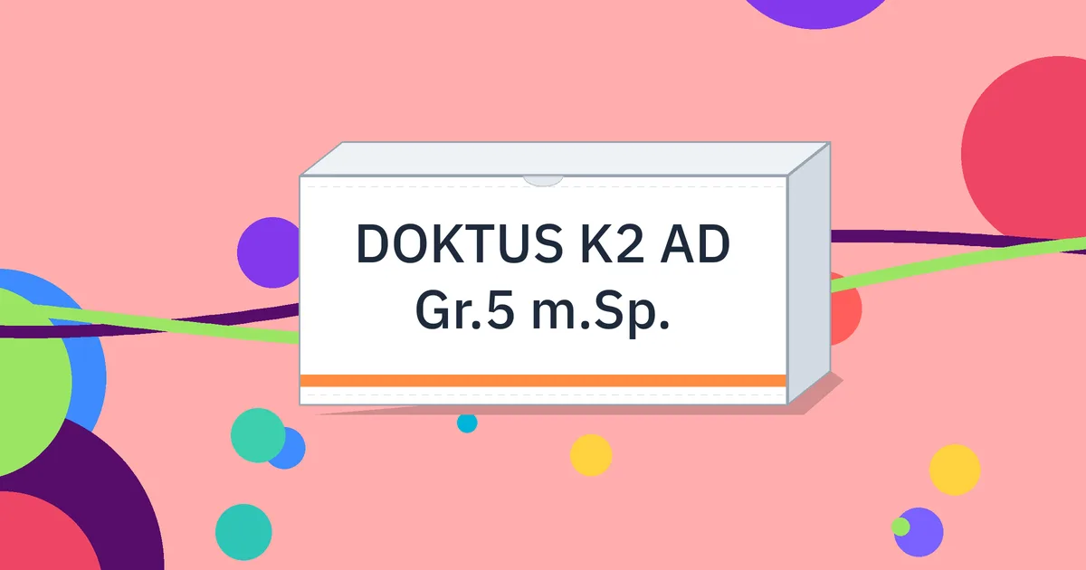 Symbolbild: Packung mit der Aufschrift DOKTUS K2 AD Gr.5 m.Sp. (PZN 03308810) – Verfügbarkeit und Bezug in Apotheken in Frankfurt am Main