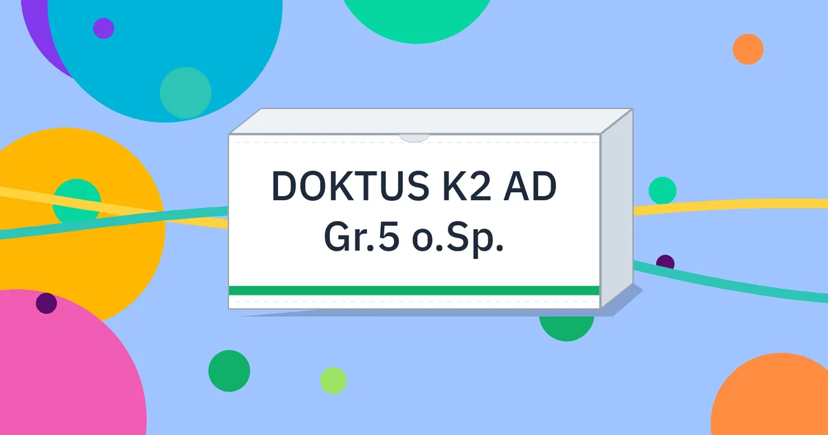 Symbolbild: Packung mit der Aufschrift DOKTUS K2 AD Gr.5 o.Sp. (PZN 03308827) – Verfügbarkeit und Bezug in Apotheken in Frankfurt am Main
