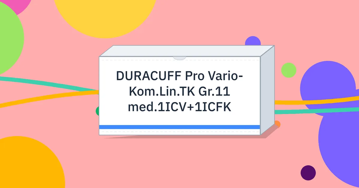 Symbolbild: Packung mit der Aufschrift DURACUFF Pro Vario-Kom.Lin.TK Gr.11 med.1ICV+1ICFK (PZN 19245483) – Verfügbarkeit und Bezug in Apotheken in Frankfurt am Main