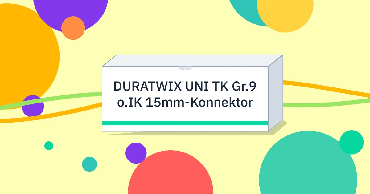Symbolbild: Packung mit der Aufschrift DURATWIX UNI TK Gr.9 o.IK 15mm-Konnektor (PZN 06968211) – Verfügbarkeit und Bezug in Apotheken in Frankfurt am Main