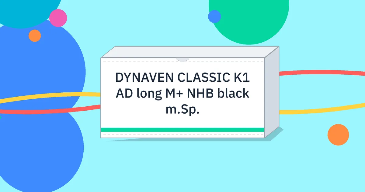 Symbolbild: Packung mit der Aufschrift DYNAVEN CLASSIC K1 AD long M+ NHB black m.Sp. (PZN 18415121) – Verfügbarkeit und Bezug in Apotheken in Frankfurt am Main