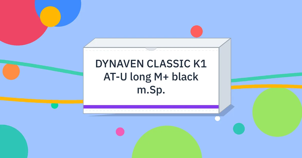 Symbolbild: Packung mit der Aufschrift DYNAVEN CLASSIC K1 AT-U long M+ black m.Sp. (PZN 18416907) – Verfügbarkeit und Bezug in Apotheken in Frankfurt am Main