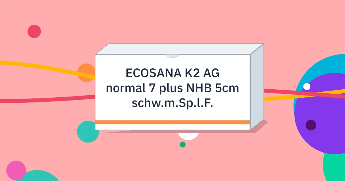 Symbolbild: Packung mit der Aufschrift ECOSANA K2 AG normal 7 plus NHB 5cm schw.m.Sp.l.F. (PZN 10957354) – Verfügbarkeit und Bezug in Apotheken in Frankfurt am Main