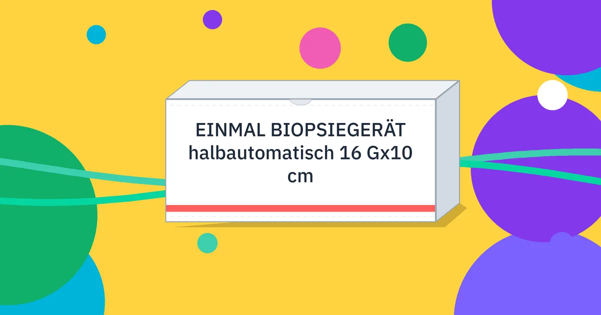 Symbolbild: Packung mit der Aufschrift EINMAL BIOPSIEGERÄT halbautomatisch 16 Gx10 cm (PZN 11105222) – Verfügbarkeit und Bezug in Apotheken in Frankfurt am Main