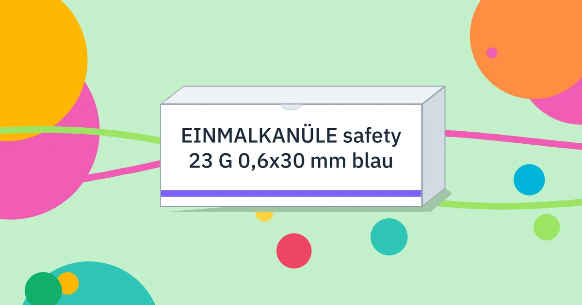 Symbolbild: Packung mit der Aufschrift EINMALKANÜLE safety 23 G 0,6x30 mm blau (PZN 18717603) – Verfügbarkeit und Bezug in Apotheken in Frankfurt am Main