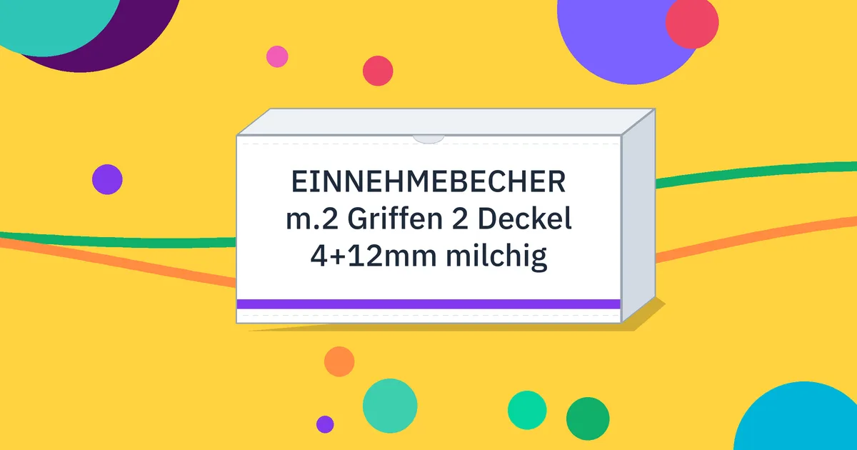 Symbolbild: Packung mit der Aufschrift EINNEHMEBECHER m.2 Griffen 2 Deckel 4+12mm milchig (PZN 10121667) – Verfügbarkeit und Bezug in Apotheken in Frankfurt am Main