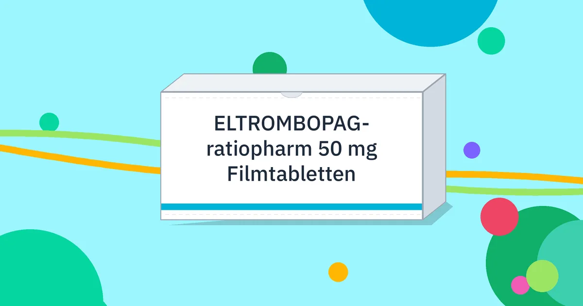 Symbolbild: Packung mit der Aufschrift ELTROMBOPAG-ratiopharm 50 mg Filmtabletten (PZN 19807975) – Verfügbarkeit und Bezug in Apotheken in Frankfurt am Main