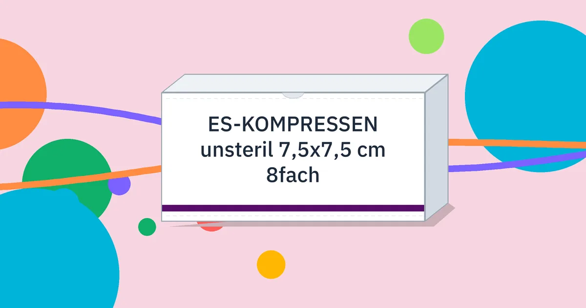 Symbolbild: Packung mit der Aufschrift ES-KOMPRESSEN unsteril 7,5x7,5 cm 8fach (PZN 19788717) – Verfügbarkeit und Bezug in Apotheken in Frankfurt am Main