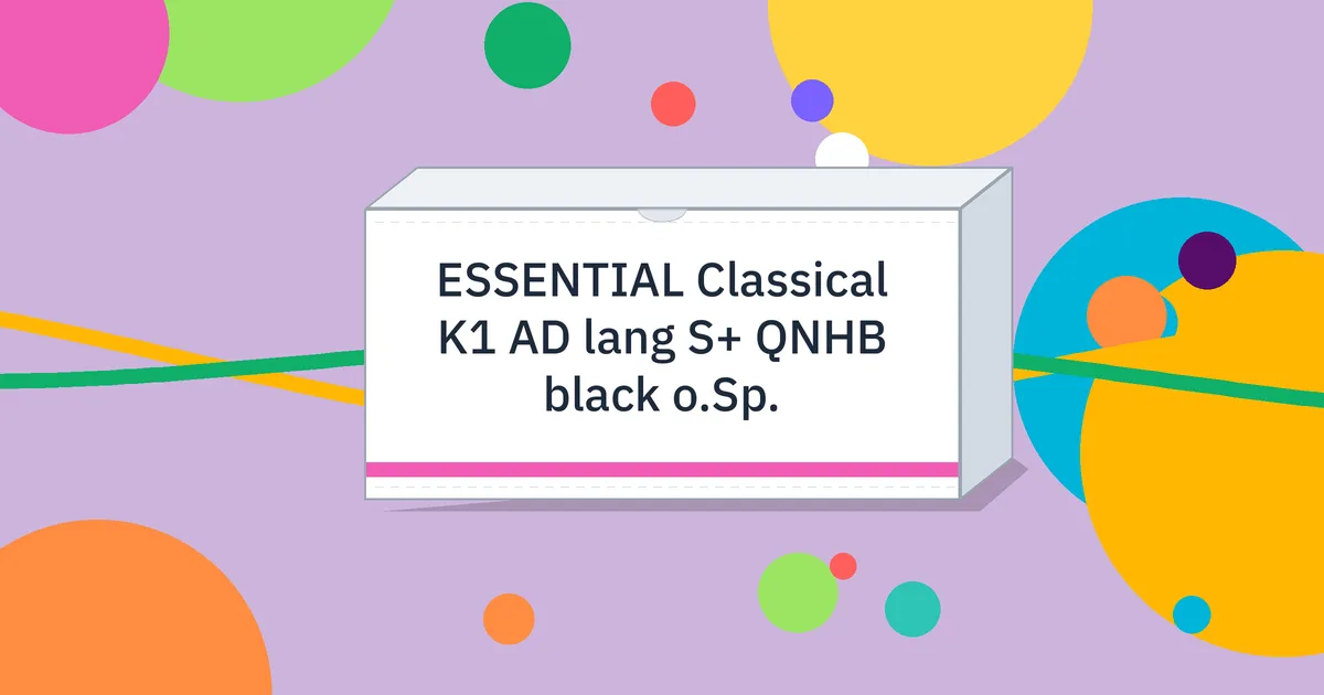 Symbolbild: Packung mit der Aufschrift ESSENTIAL Classical K1 AD lang S+ QNHB black o.Sp. (PZN 18866154) – Verfügbarkeit und Bezug in Apotheken in Frankfurt am Main