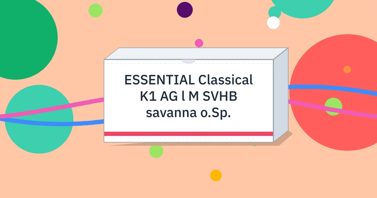 Symbolbild: Packung mit der Aufschrift ESSENTIAL Classical K1 AG l M SVHB savanna o.Sp. (PZN 18420375) – Verfügbarkeit und Bezug in Apotheken in Frankfurt am Main