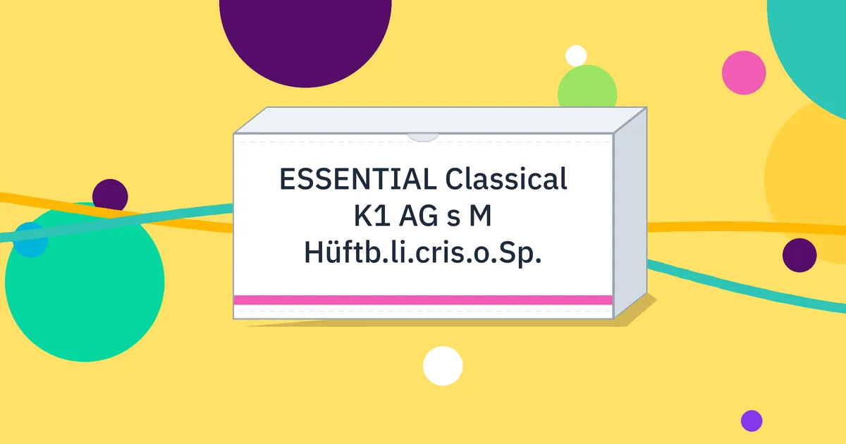 Symbolbild: Packung mit der Aufschrift ESSENTIAL Classical K1 AG s M Hüftb.li.cris.o.Sp. (PZN 17011947) – Verfügbarkeit und Bezug in Apotheken in Frankfurt am Main