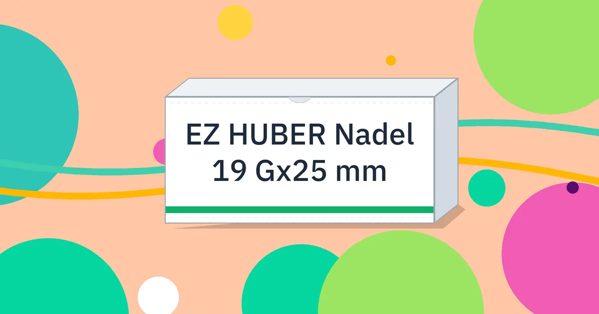Symbolbild: Packung mit der Aufschrift EZ HUBER Nadel 19 Gx25 mm (PZN 05037137) – Verfügbarkeit und Bezug in Apotheken in Frankfurt am Main