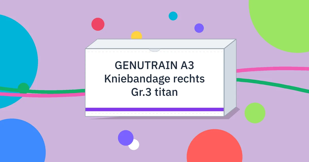 Symbolbild: Packung mit der Aufschrift GENUTRAIN A3 Kniebandage rechts Gr.3 titan (PZN 01071798) – Verfügbarkeit und Bezug in Apotheken in Frankfurt am Main