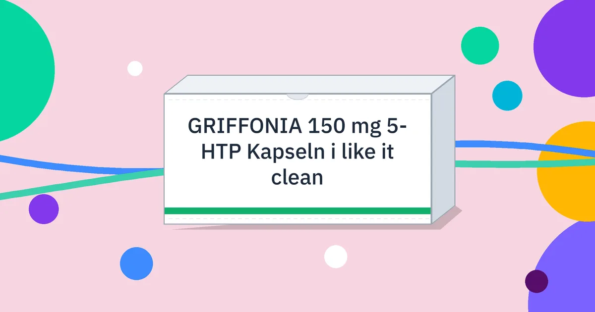 Symbolbild: Packung mit der Aufschrift GRIFFONIA 150 mg 5-HTP Kapseln i like it clean (PZN 19459793) – Verfügbarkeit und Bezug in Apotheken in Frankfurt am Main