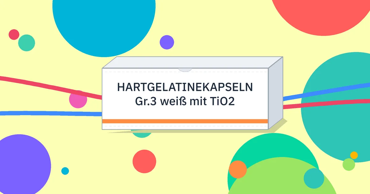 Symbolbild: Packung mit der Aufschrift HARTGELATINEKAPSELN Gr.3 weiß mit TiO2 (PZN 18770448) – Verfügbarkeit und Bezug in Apotheken in Frankfurt am Main