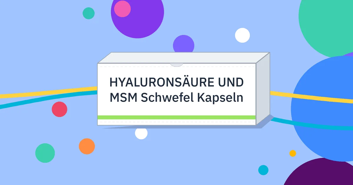 Symbolbild: Packung mit der Aufschrift HYALURONSÄURE UND MSM Schwefel Kapseln (PZN 14161534) – Verfügbarkeit und Bezug in Apotheken in Frankfurt am Main