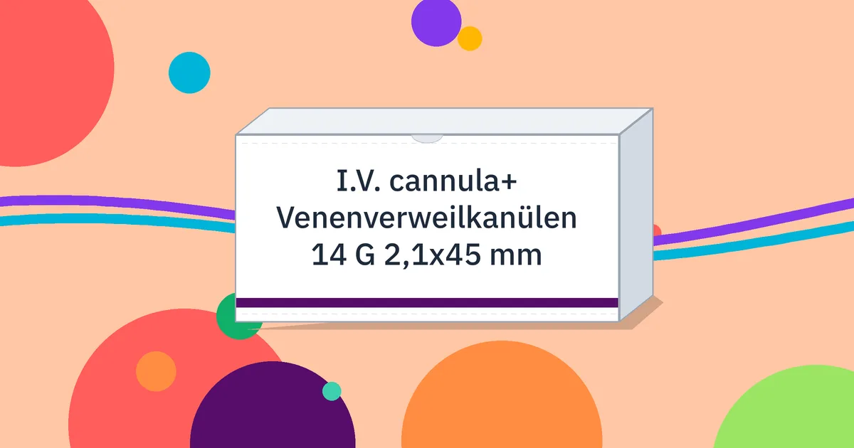 Symbolbild: Packung mit der Aufschrift I.V. cannula+ Venenverweilkanülen 14 G 2,1x45 mm (PZN 09103345) – Verfügbarkeit und Bezug in Apotheken in Frankfurt am Main