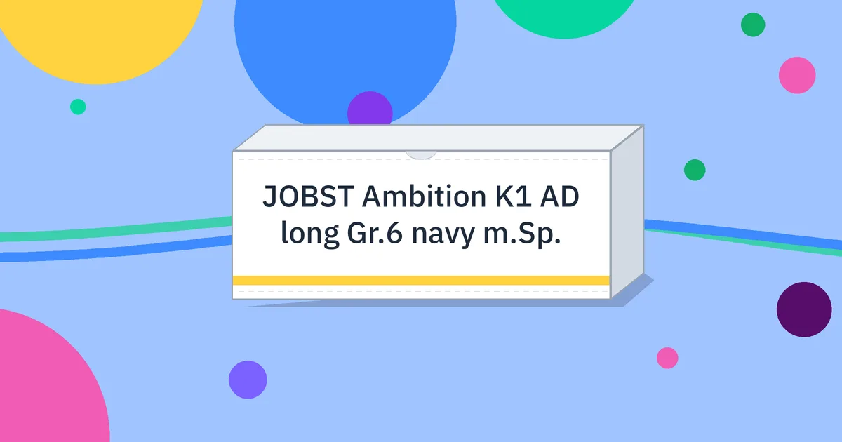 Symbolbild: Packung mit der Aufschrift JOBST Ambition K1 AD long Gr.6 navy m.Sp. (PZN 11020000) – Verfügbarkeit und Bezug in Apotheken in Frankfurt am Main