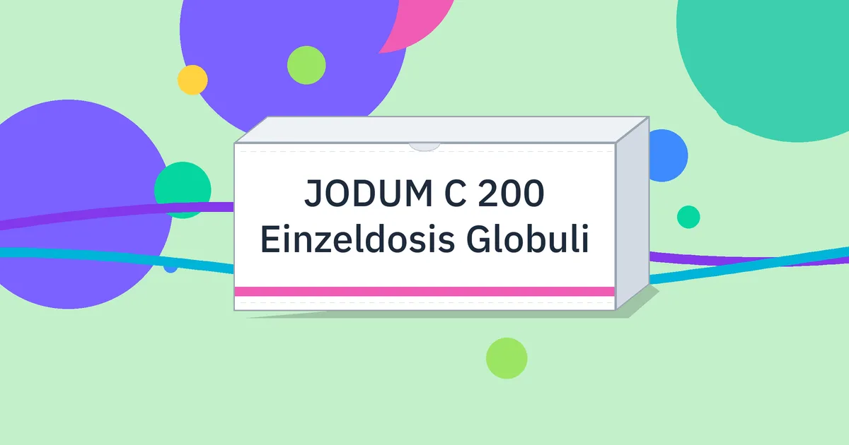 Symbolbild: Packung mit der Aufschrift JODUM C 200 Einzeldosis Globuli (PZN 01542588) – Verfügbarkeit und Bezug in Apotheken in Frankfurt am Main