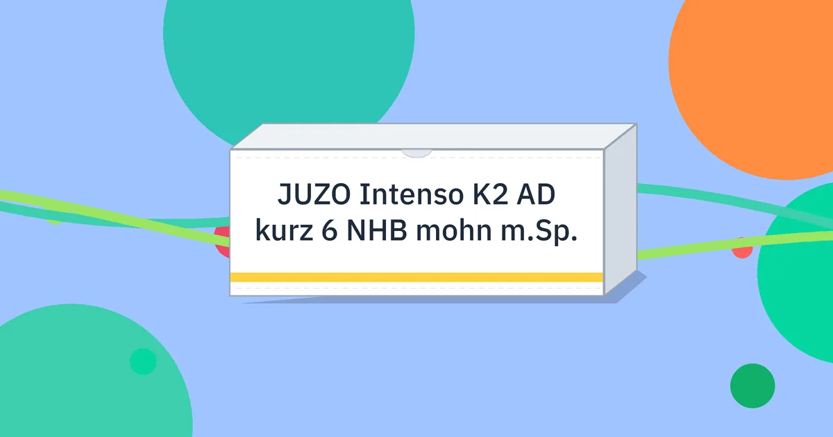Symbolbild: Packung mit der Aufschrift JUZO Intenso K2 AD kurz 6 NHB mohn m.Sp. (PZN 18611218) – Verfügbarkeit und Bezug in Apotheken in Frankfurt am Main