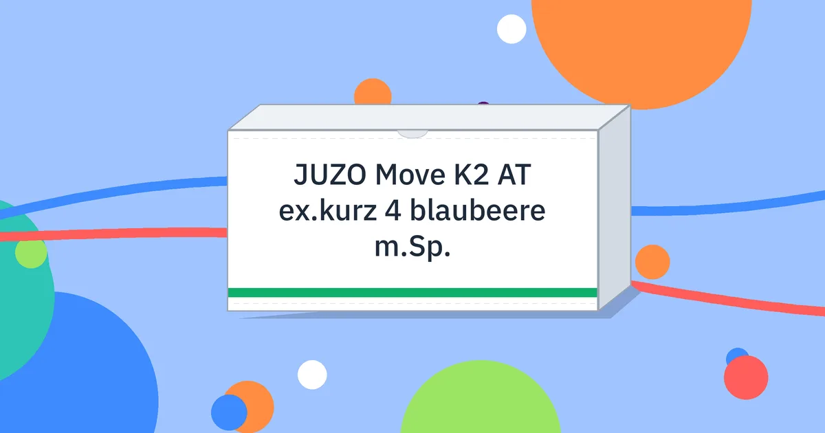 Symbolbild: Packung mit der Aufschrift JUZO Move K2 AT ex.kurz 4 blaubeere m.Sp. (PZN 20670837) – Verfügbarkeit und Bezug in Apotheken in Frankfurt am Main
