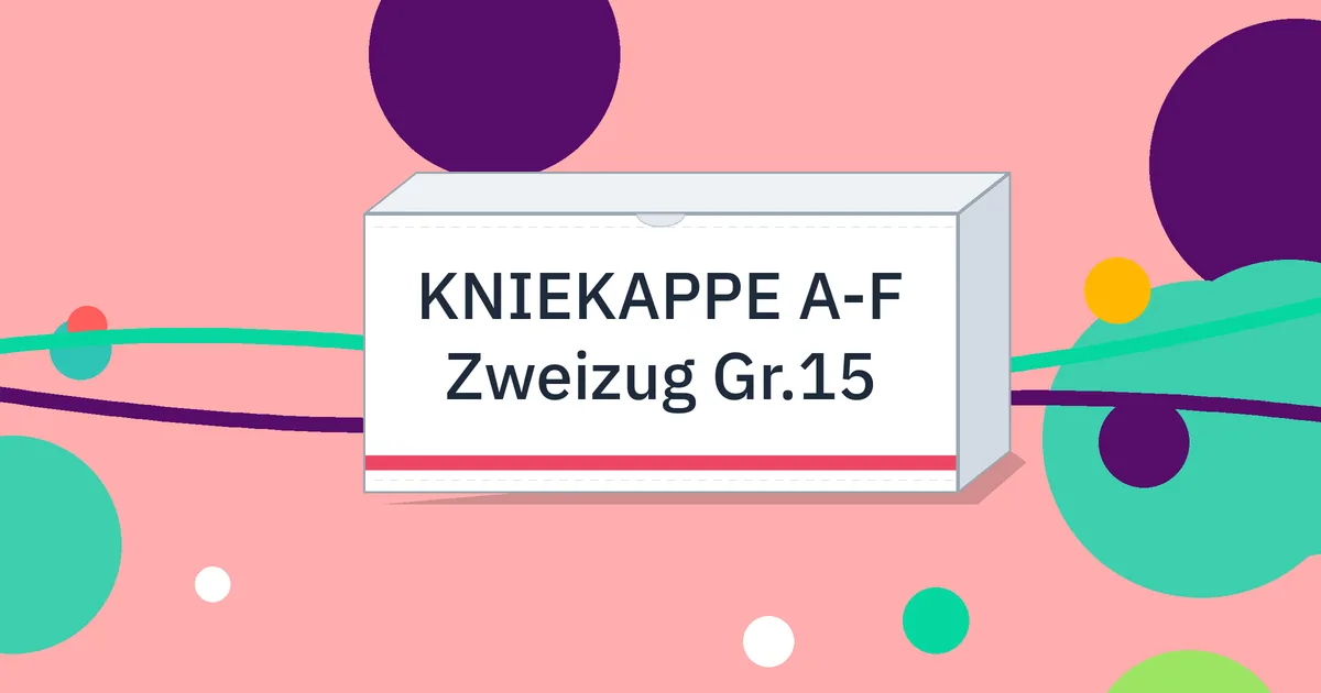 Symbolbild: Packung mit der Aufschrift KNIEKAPPE A-F Zweizug Gr.15 (PZN 02008023) – Verfügbarkeit und Bezug in Apotheken in Frankfurt am Main
