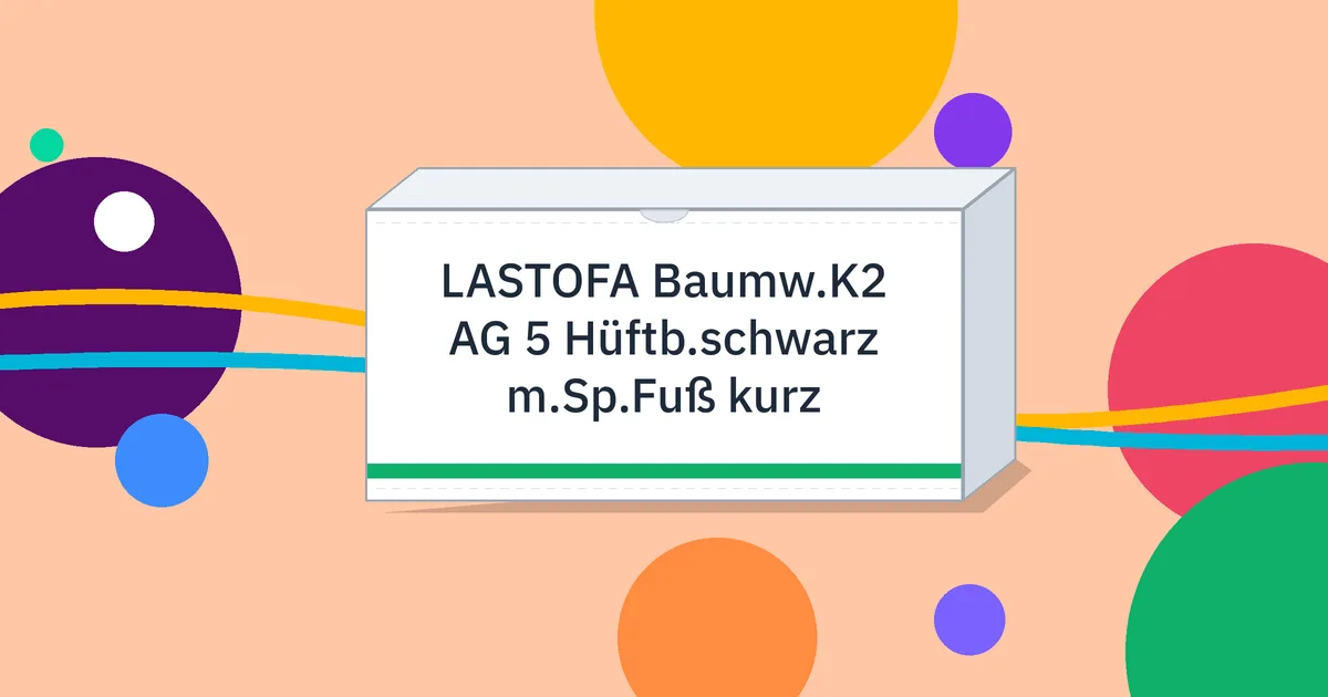Symbolbild: Packung mit der Aufschrift LASTOFA Baumw.K2 AG 5 Hüftb.schwarz m.Sp.Fuß kurz (PZN 01949611) – Verfügbarkeit und Bezug in Apotheken in Frankfurt am Main