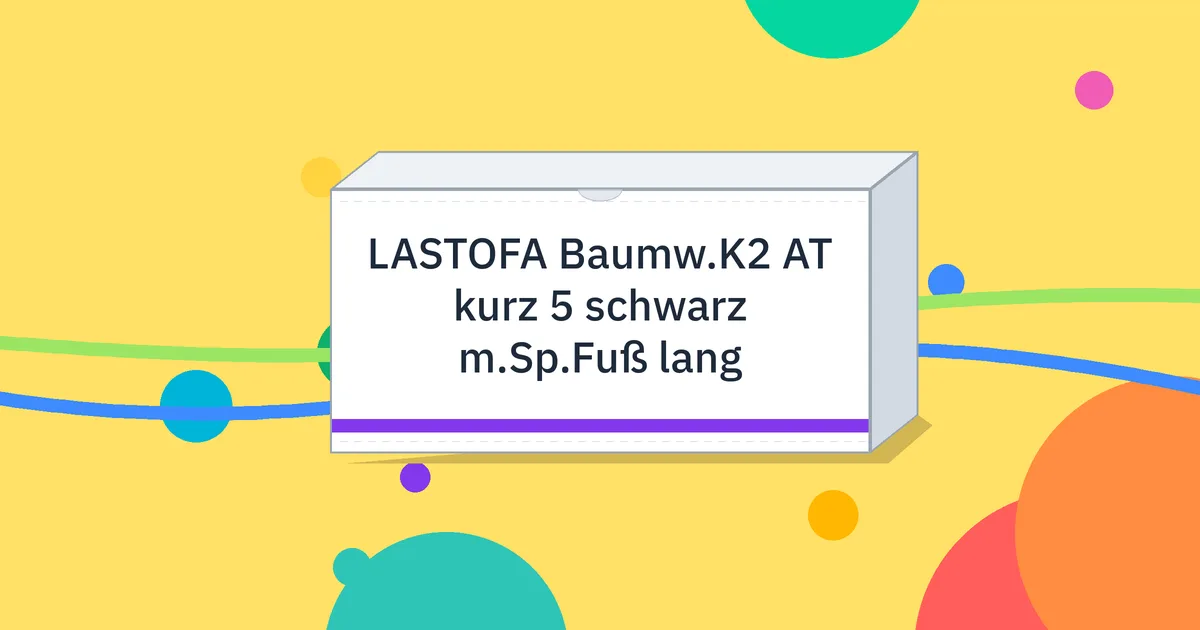 Symbolbild: Packung mit der Aufschrift LASTOFA Baumw.K2 AT kurz 5 schwarz m.Sp.Fuß lang (PZN 01951677) – Verfügbarkeit und Bezug in Apotheken in Frankfurt am Main