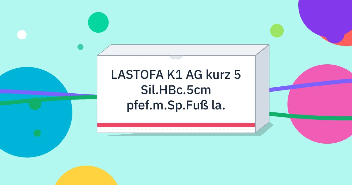 Symbolbild: Packung mit der Aufschrift LASTOFA K1 AG kurz 5 Sil.HBc.5cm pfef.m.Sp.Fuß la. (PZN 13793798) – Verfügbarkeit und Bezug in Apotheken in Frankfurt am Main