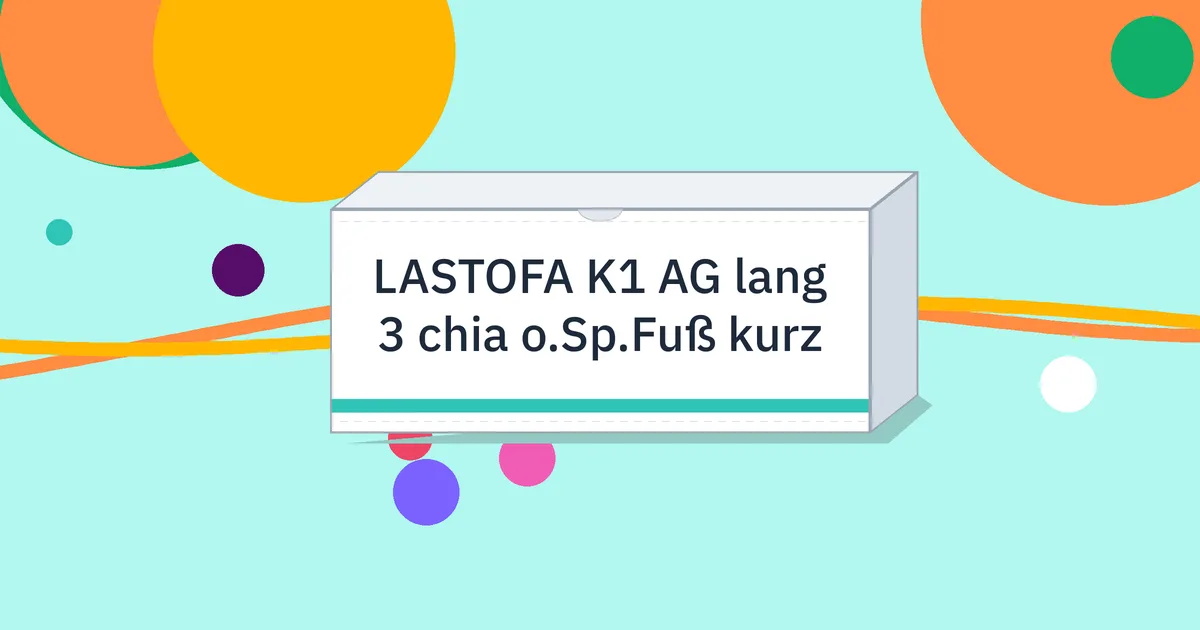 Symbolbild: Packung mit der Aufschrift LASTOFA K1 AG lang 3 chia o.Sp.Fuß kurz (PZN 13790618) – Verfügbarkeit und Bezug in Apotheken in Frankfurt am Main