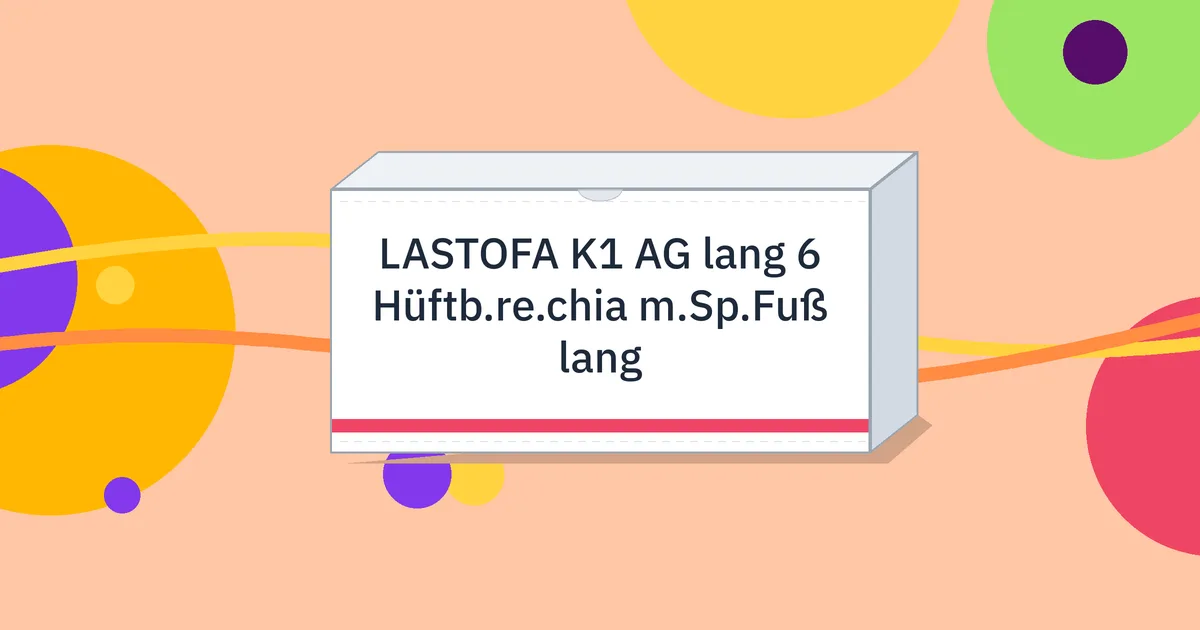 Symbolbild: Packung mit der Aufschrift LASTOFA K1 AG lang 6 Hüftb.re.chia m.Sp.Fuß lang (PZN 13799016) – Verfügbarkeit und Bezug in Apotheken in Frankfurt am Main
