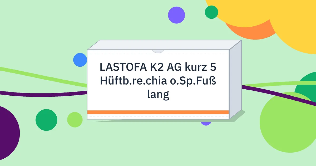 Symbolbild: Packung mit der Aufschrift LASTOFA K2 AG kurz 5 Hüftb.re.chia o.Sp.Fuß lang (PZN 14152558) – Verfügbarkeit und Bezug in Apotheken in Frankfurt am Main