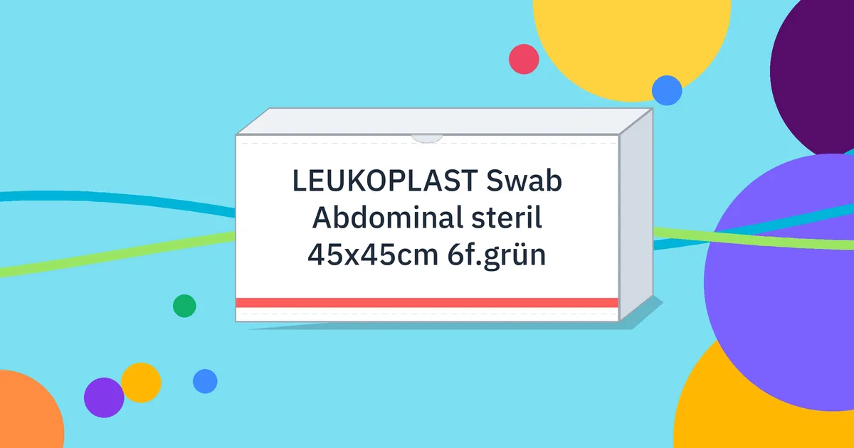 Symbolbild: Packung mit der Aufschrift LEUKOPLAST Swab Abdominal steril 45x45cm 6f.grün (PZN 17208182) – Verfügbarkeit und Bezug in Apotheken in Frankfurt am Main