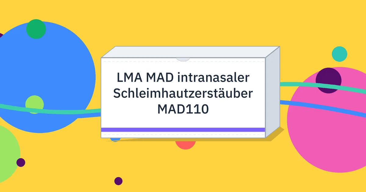 Symbolbild: Packung mit der Aufschrift LMA MAD intranasaler Schleimhautzerstäuber MAD110 (PZN 10850780) – Verfügbarkeit und Bezug in Apotheken in Frankfurt am Main