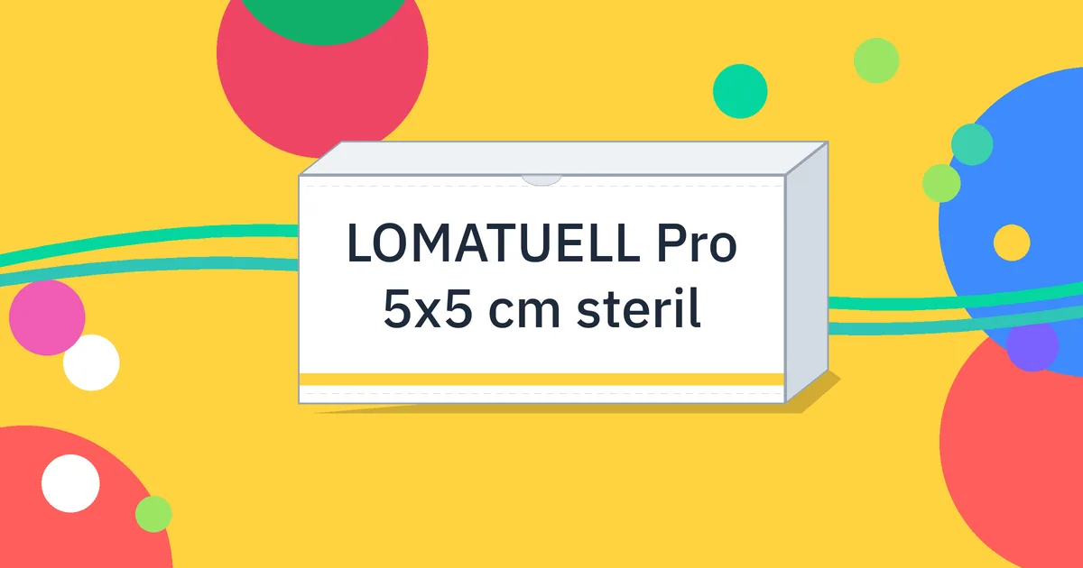 Symbolbild: Packung mit der Aufschrift LOMATUELL Pro 5x5 cm steril (PZN 16164844) – Verfügbarkeit und Bezug in Apotheken in Frankfurt am Main