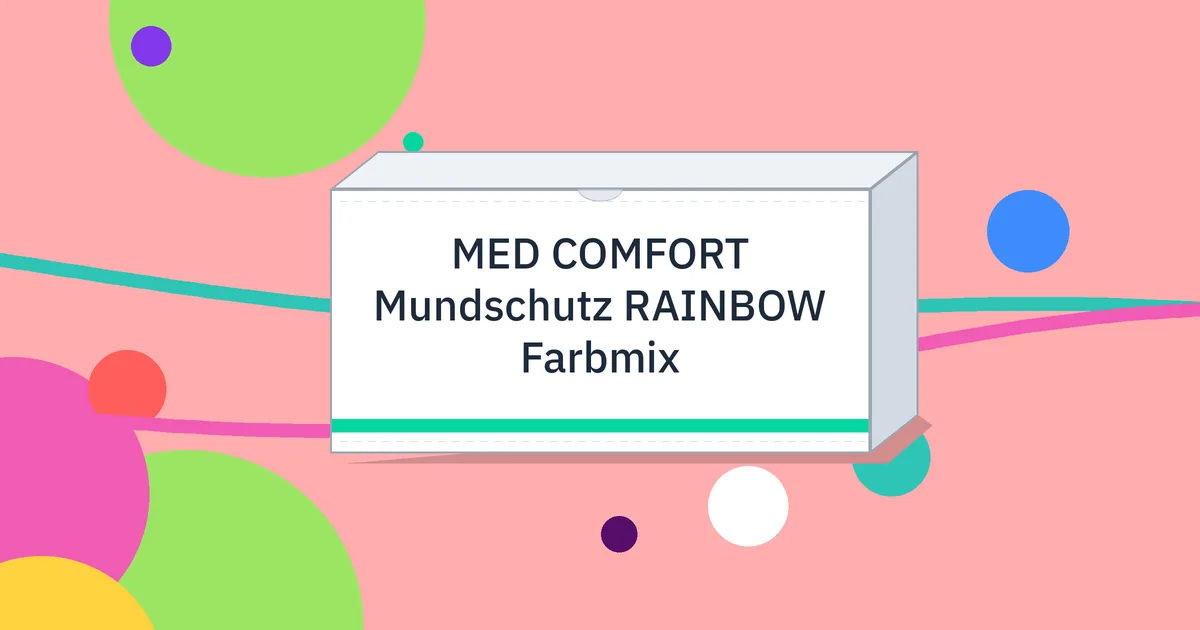Symbolbild: Packung mit der Aufschrift MED COMFORT Mundschutz RAINBOW Farbmix (PZN 10127730) – Verfügbarkeit und Bezug in Apotheken in Frankfurt am Main