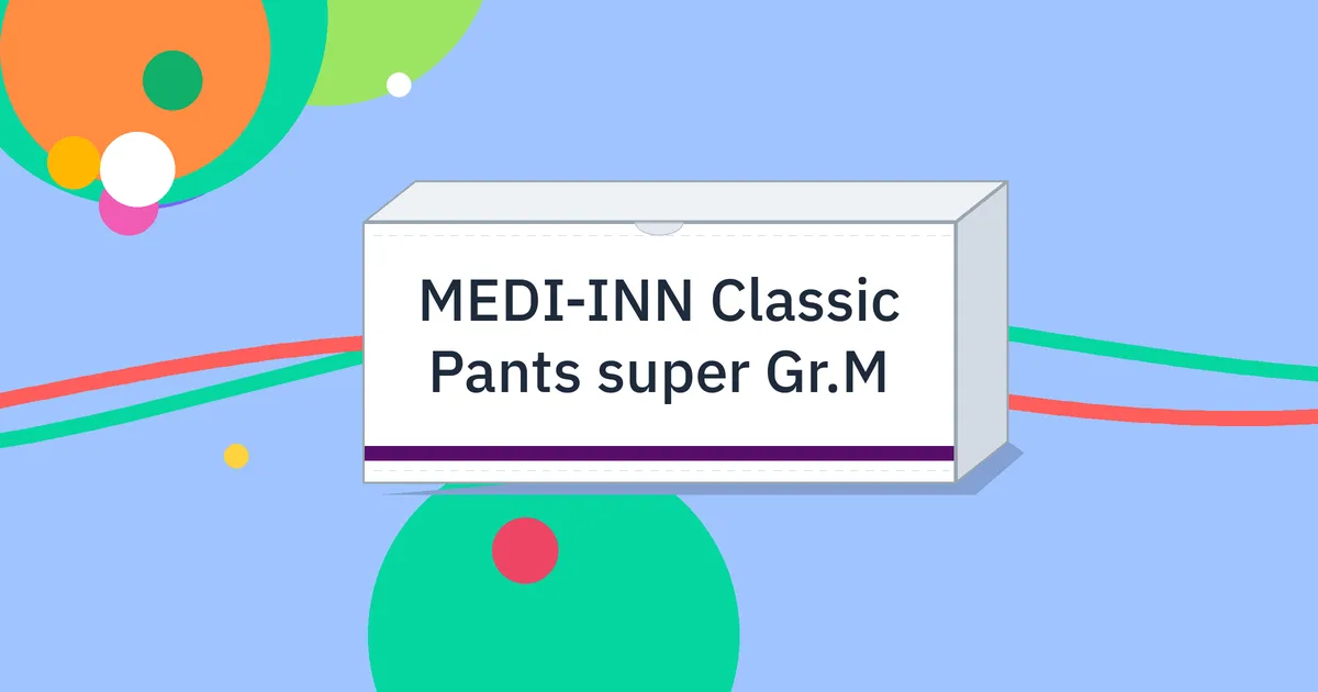 Symbolbild: Packung mit der Aufschrift MEDI-INN Classic Pants super Gr.M (PZN 18370996) – Verfügbarkeit und Bezug in Apotheken in Frankfurt am Main